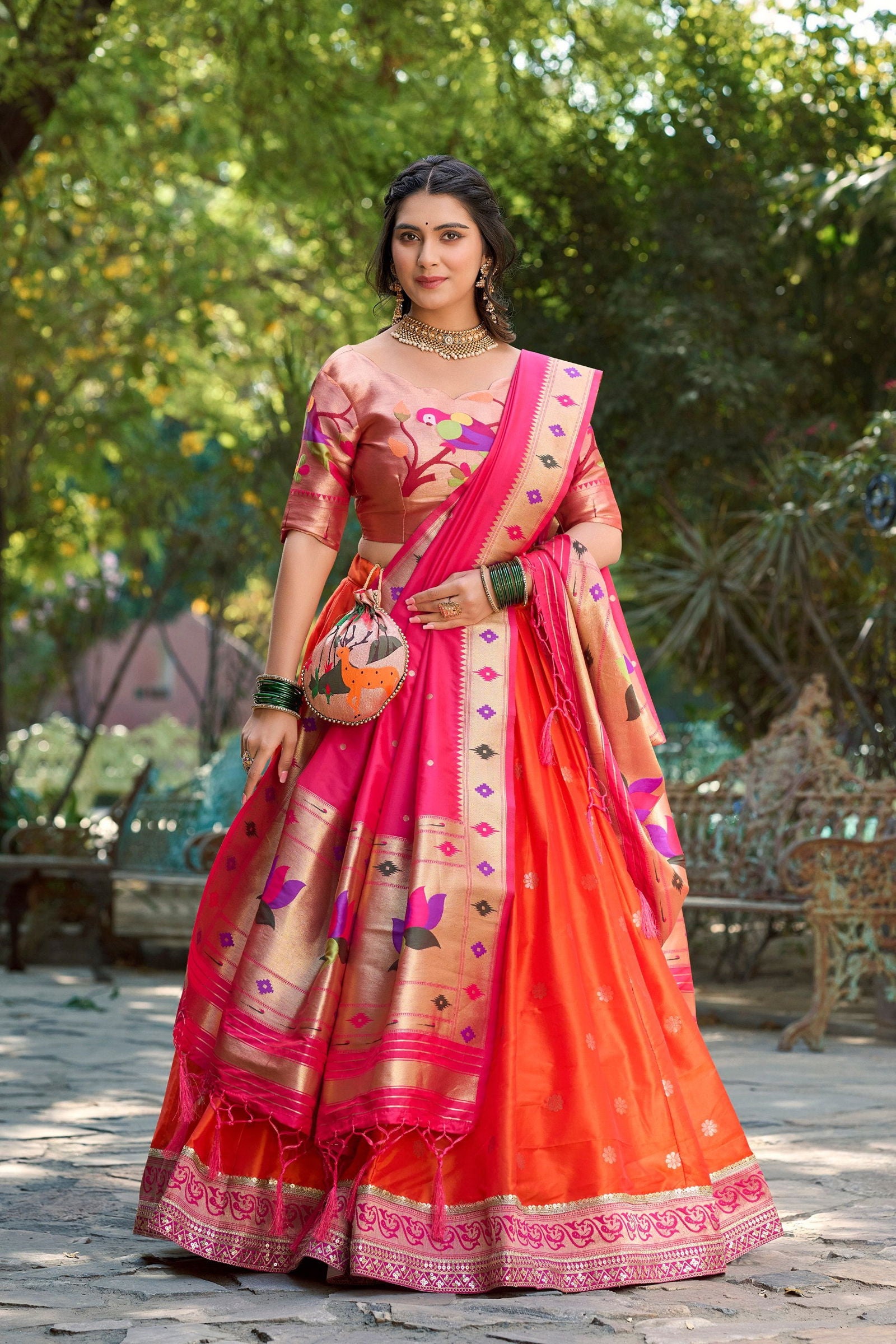 Orange Color Jacquard Silk Paithani Lehenga With Zari Work Lehenga Cho – Ahesas